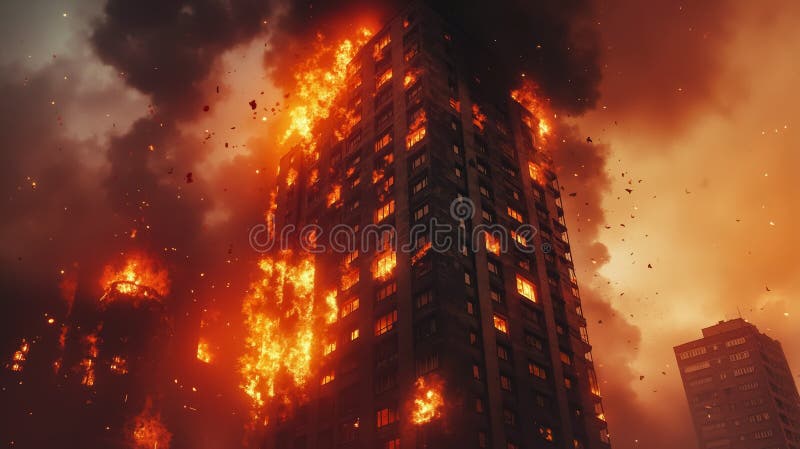 Building Engulfed in Flames, Firefighters Battling Blaze Amidst Smoke ...