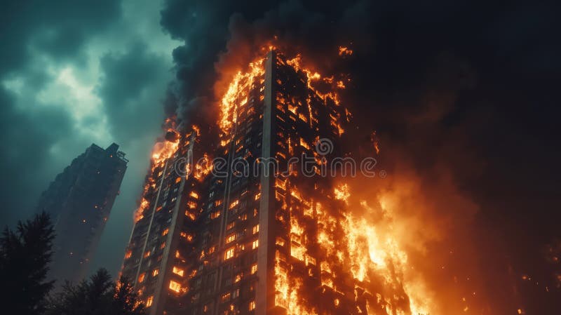 Building Engulfed in Flames, Firefighters Battling Blaze Amidst Smoke ...