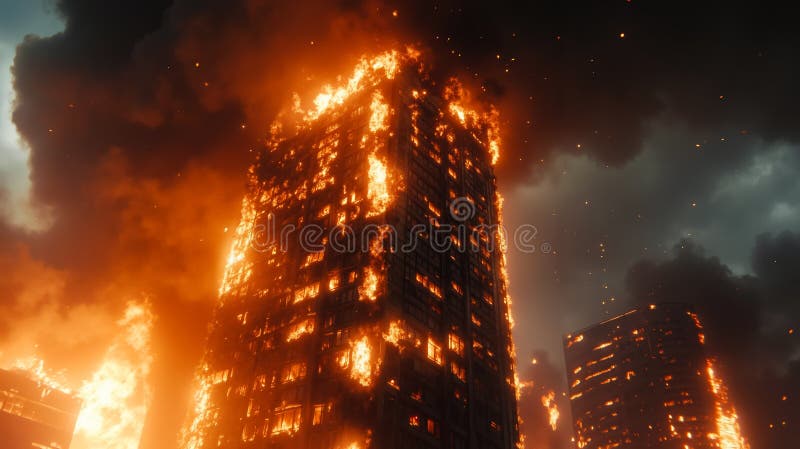 Building Engulfed in Flames, Firefighters Battling Blaze Amidst Smoke ...