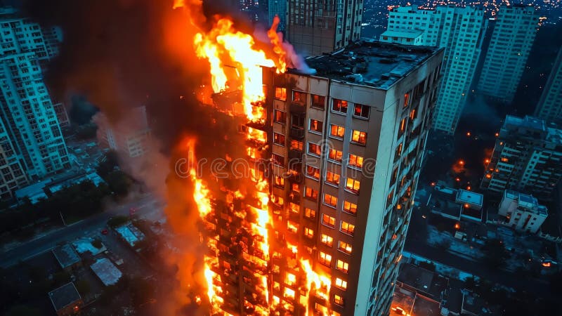 A Tall Building on Fire in the Middle of a City at Night Stock Video ...
