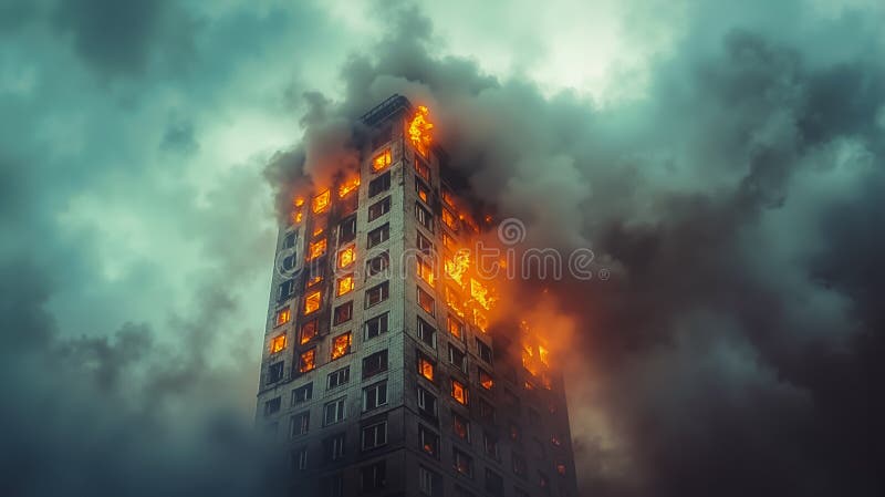 A Tall Building on Fire with Smoke Coming Out of it Stock Image - Image ...