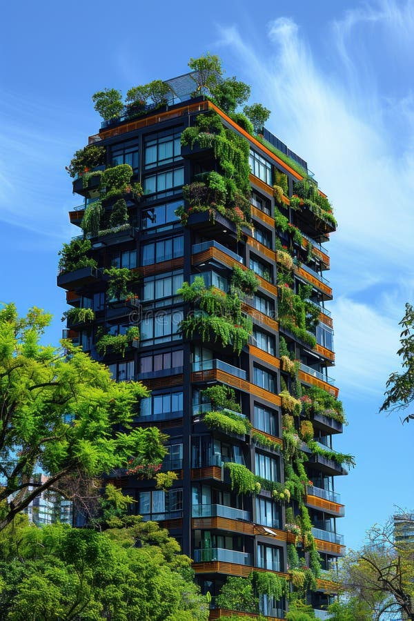 A Tall Building with a Green Roof and Many Trees Growing on it Stock ...