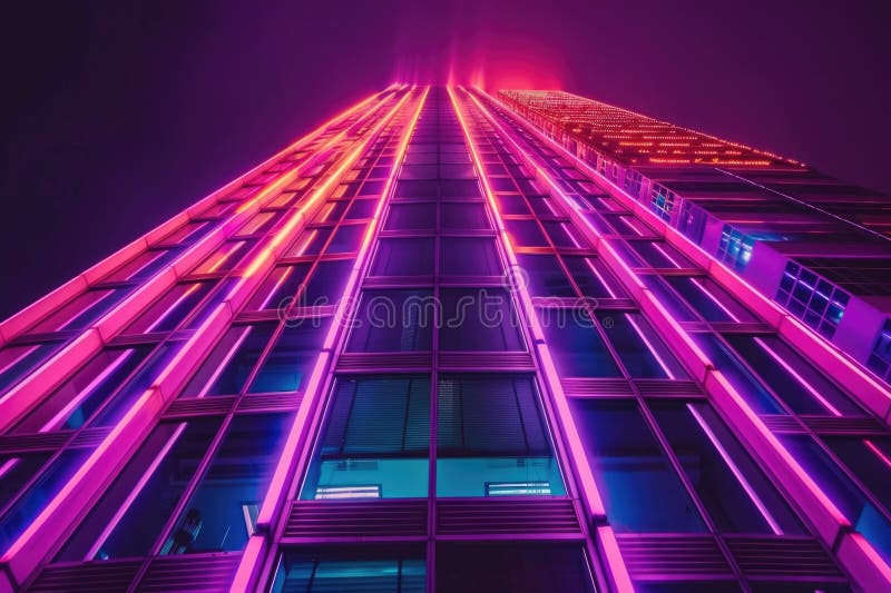 A Tall Building Illuminated by Neon Lights, Suitable for Urban Concepts ...