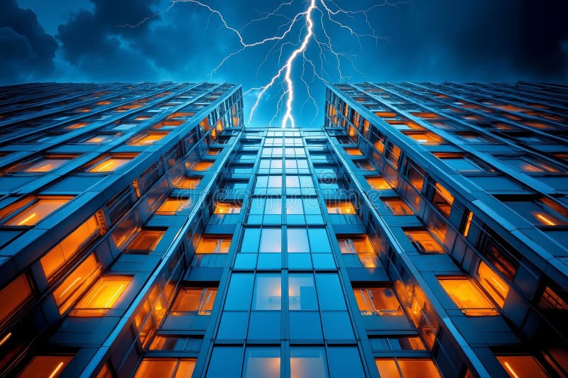 A Tall Building with a Lightning Bolt in the Sky Stock Photo - Image of ...