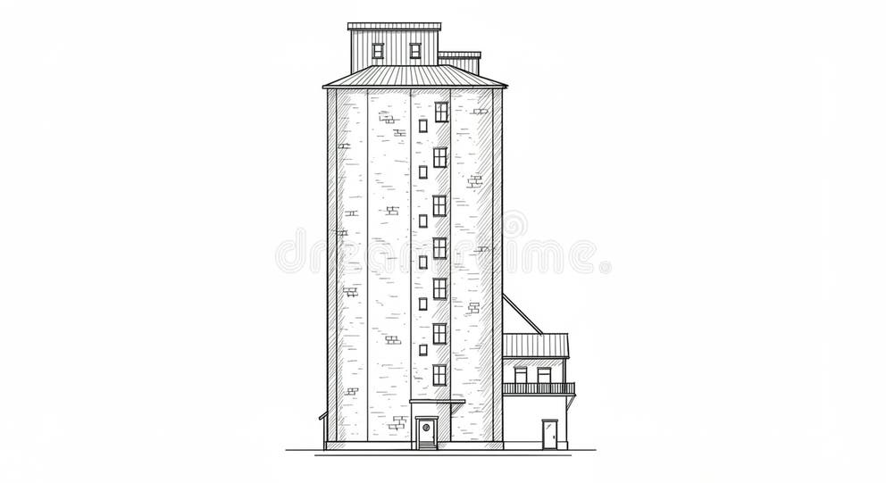 Tall Building Line Drawing with a Central Tower, Multiple Rectangular Windows, and a Small Stock ...