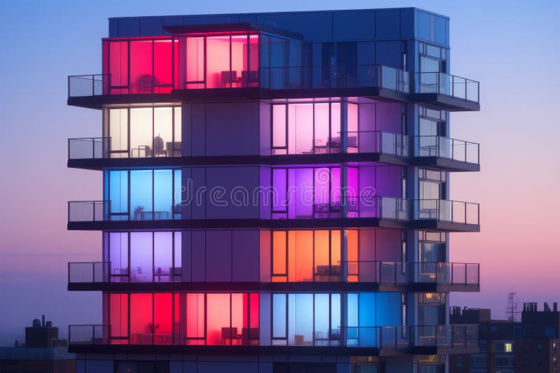 A Tall Building Lit Up with Colored Lights Stock Illustration ...
