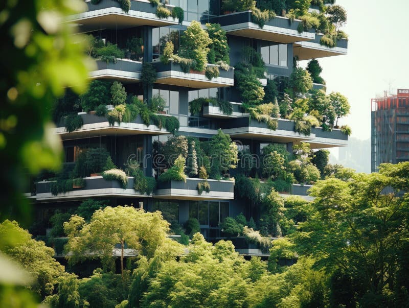 A Tall Building with a Lot of Greenery on it Stock Image - Image of ...