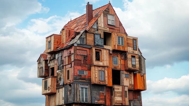 A Tall Building Made of Wooden Boxes on Top of a Hill Stock ...