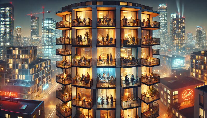 A Tall Building with Many Windows and People Inside Stock Photo - Image ...