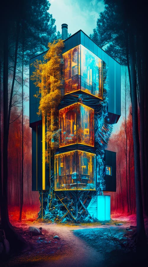 Tall Building in the Middle of Forest with Trees. Generative AI Stock ...