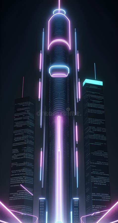 Tall Building with Neon Lights on it Stock Illustration - Illustration ...