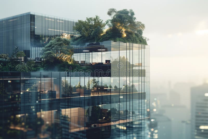 Tall Building with Numerous Windows, Trees on Top, Urban Design Stock ...