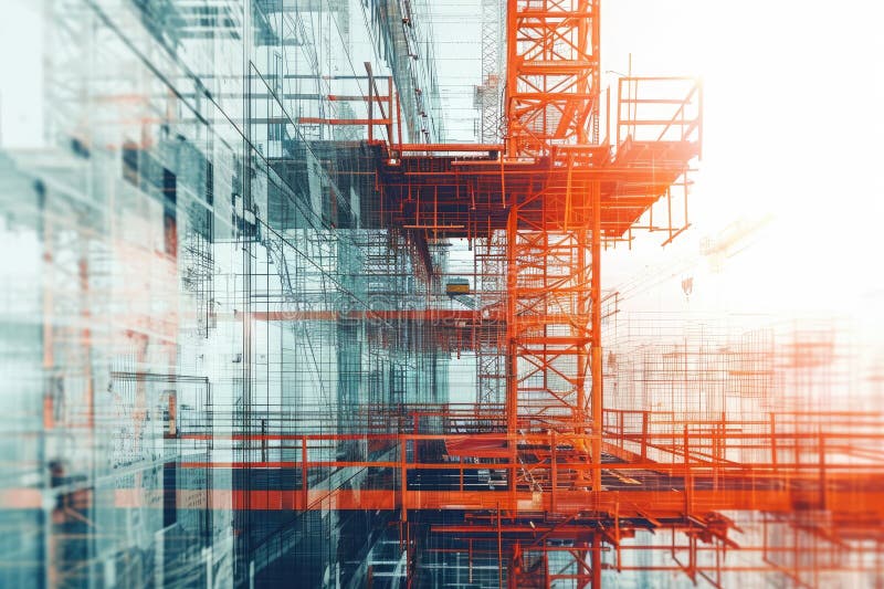 Tall Building with Orange Scaffolding, Engineering Project Visualized ...