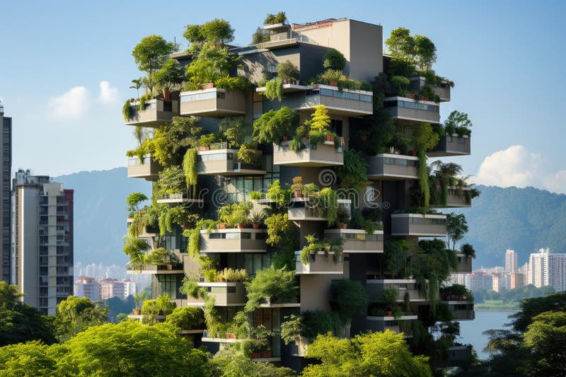 A Building with Plants Growing on the Outside, AI Stock Image - Image ...