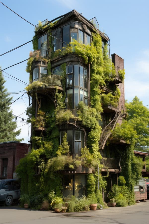 A Tall Building with Plants Growing on it, AI Stock Image - Image of ...