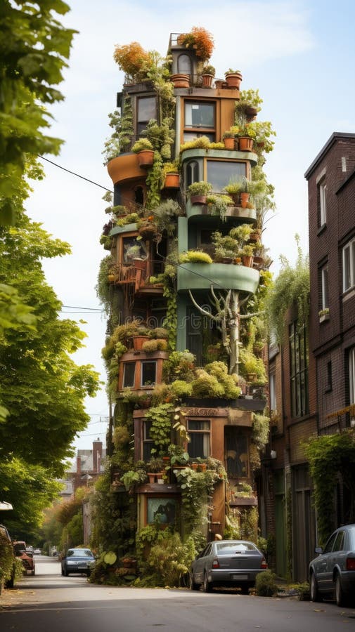 A Tall Building with Plants Growing on the Side of it. Generative AI ...