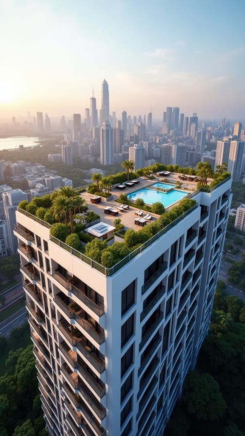 Tall Building with a Rooftop Pool and a City in the Background Stock ...
