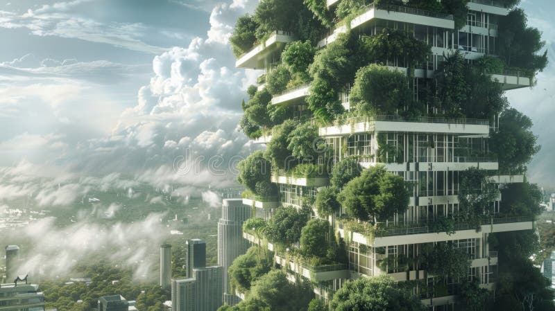 Tall Building with Trees Growing on Side Stock Photo - Image of ...