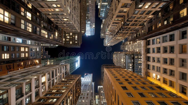 Tall Buildings Stretch into the Night Sky, Their Windows Glowing with ...