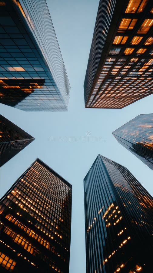 Tall Buildings Stretch into the Night Sky, Their Windows Glowing with ...