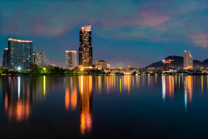 Tall Buildings Turn on the Lights and Look Beautiful. Stock Photo ...