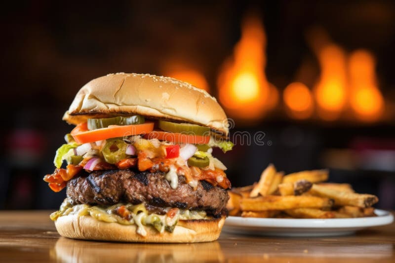 Tall Burger with Stacked Ingredients Mid-flame Grill Stock Image ...