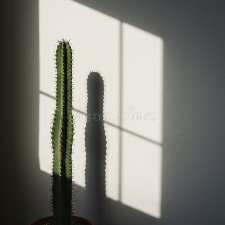 Tall Cactus Casting a Long Shadow on a Wall, Illuminated by Sunlight ...
