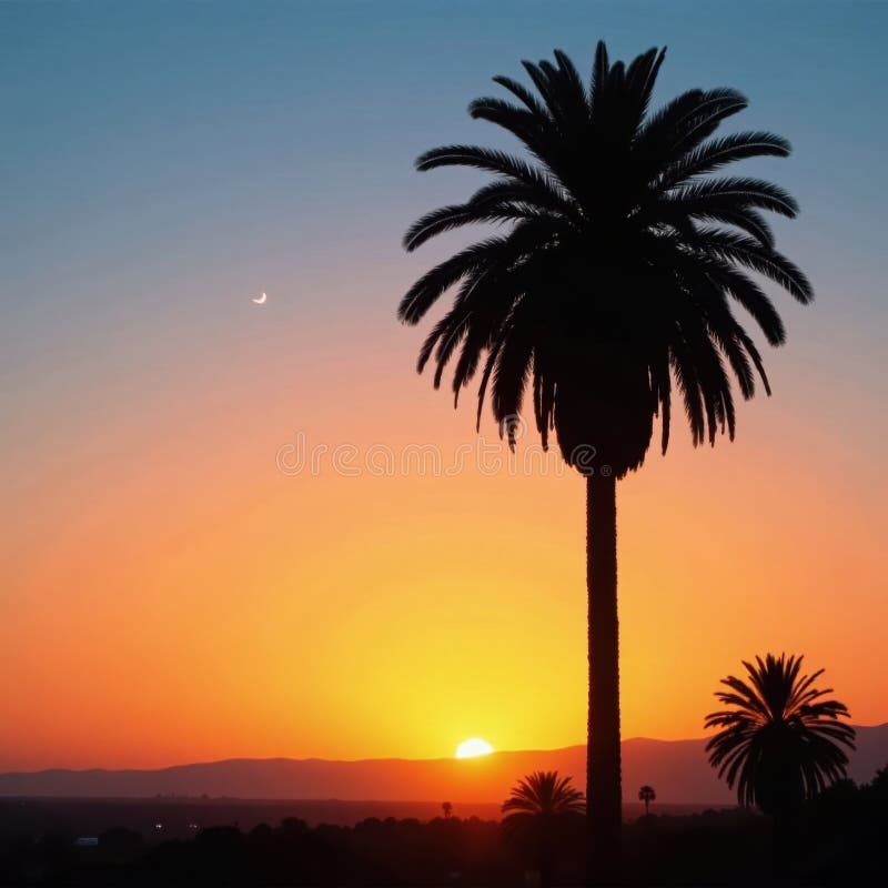 Tall California Date Palm Silhouetted at Sunset, Sunset, Image, Rays ...