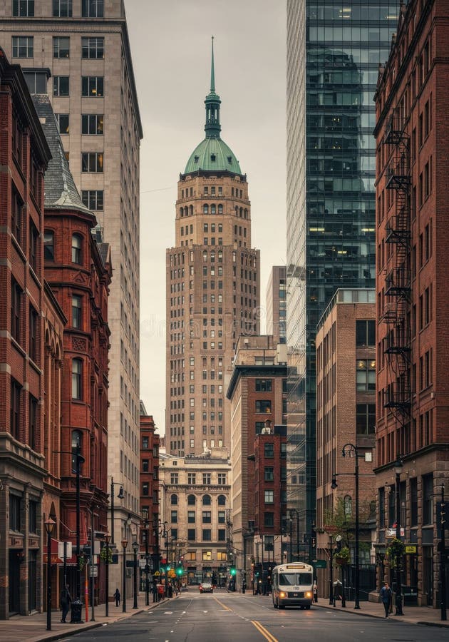 Tall City Building among Brick Structures on a Grey Day Stock Image ...