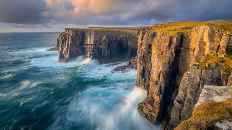 Tall Cliffs with Waves Pounding Stock Illustration - Illustration of ...