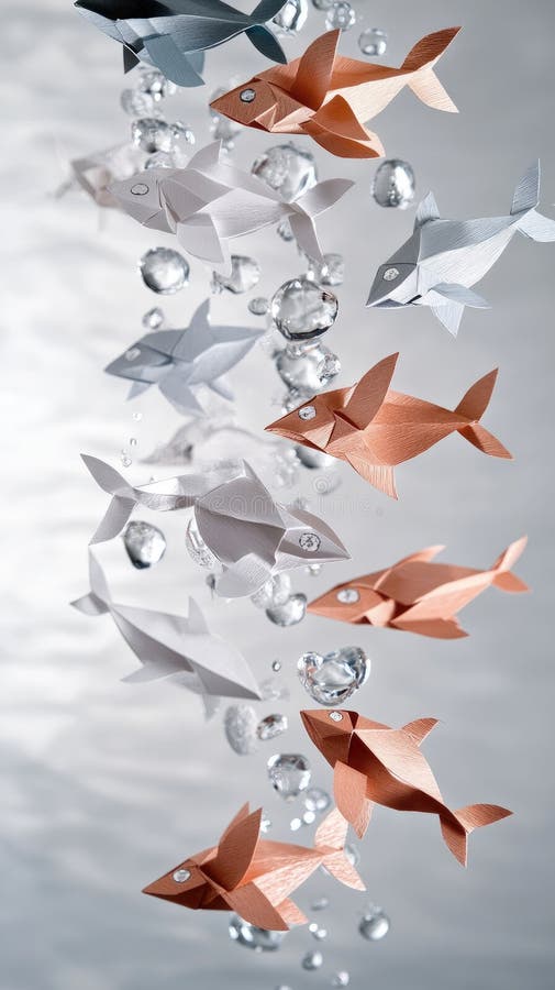 Tall Column Adorned with Paper Cutouts of Colorful Fish, Illuminated by ...