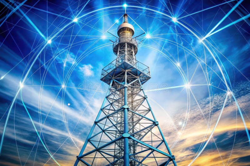 A Tall Communication Tower Reaching for the Sky, Connected by a Network ...