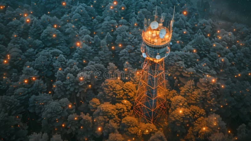 Tall Communication Tower on a Mountain Peak in Foggy Weather Stock ...