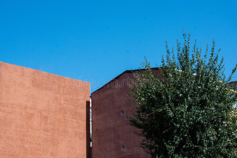 Tall Concrete Building Surrounded by Trees Under a Clear Blue Sky Stock ...