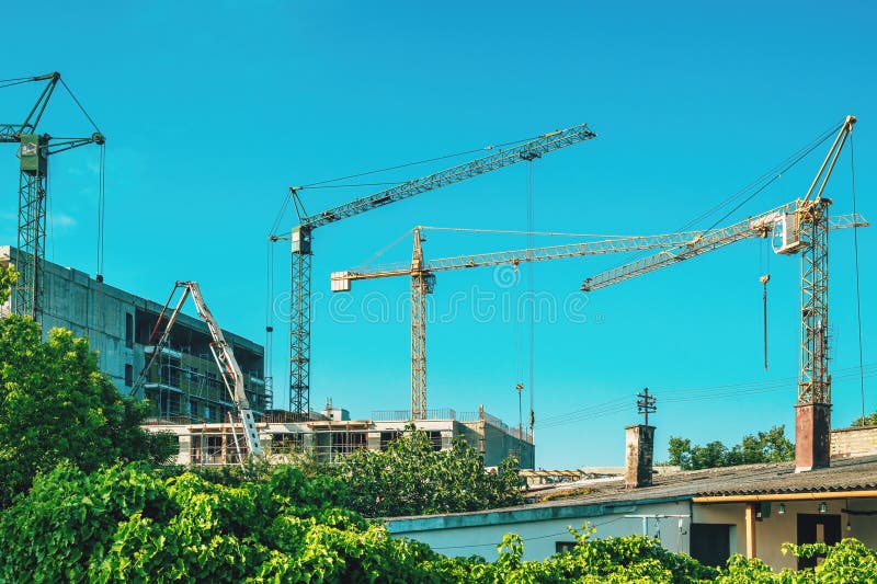 Tall Cranes on Residential Building Construction Site Stock Image ...