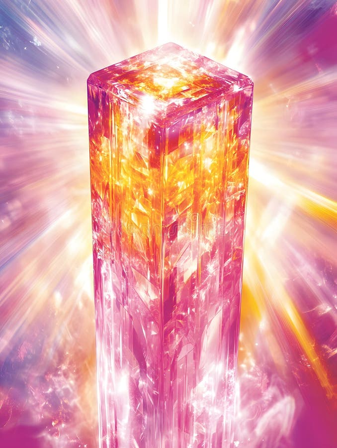 A Tall Crystal Prism with Pink and Orange Hues Surrounded by Glowing ...