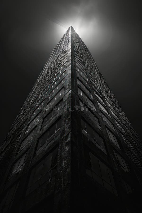 A Tall, Dark Skyscraper with a Light Shining Down on it from the Top ...