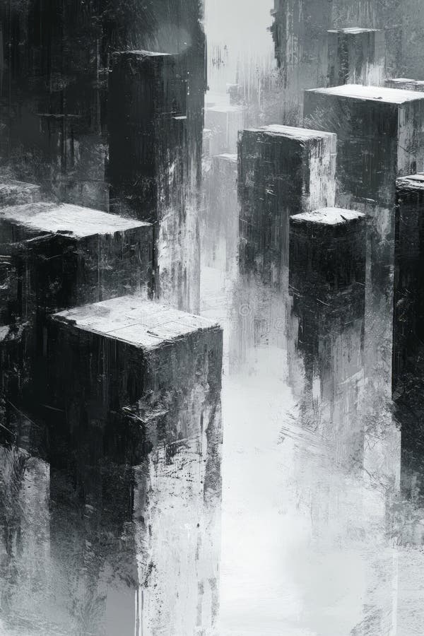 Tall, Dark Structures Loom in a Misty Environment, Creating an Abstract ...