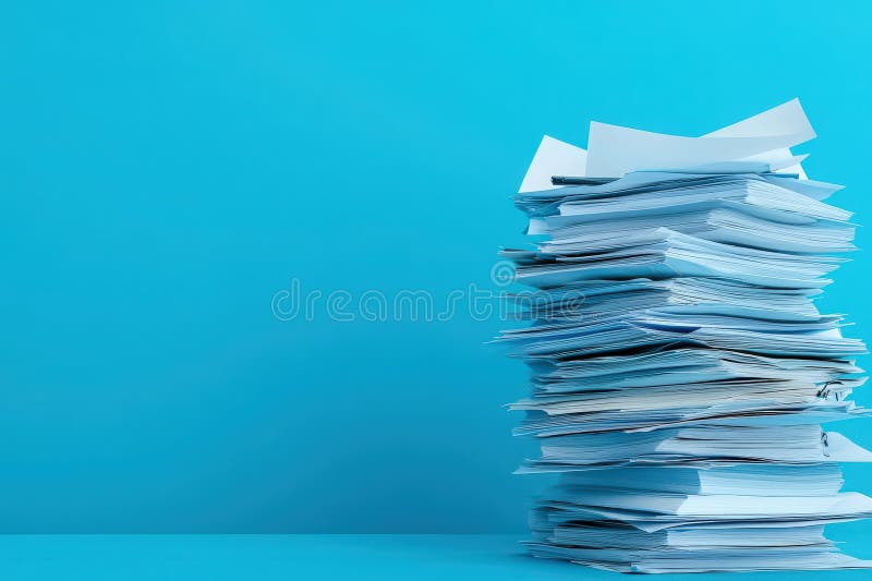 A Tall Stack of Unorganized Paperwork Sits on a Clean Blue Surface in a ...