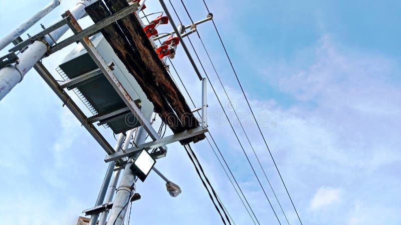 Tall Electricity and Network Pole with Its Cables or Wires Against ...