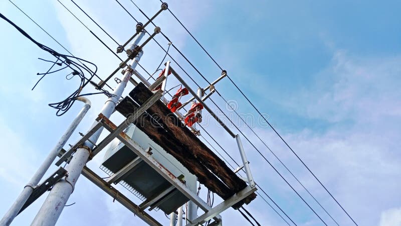 Tall Electricity and Network Pole with Its Cables or Wires Against ...