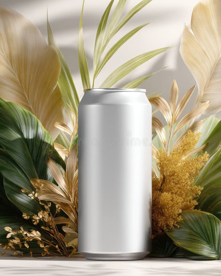 Tall Empty Canned Beverage Container Surrounded by Lush Tropical Leaves ...