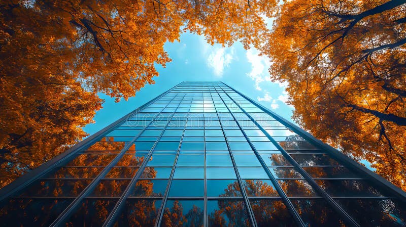 A Tall Glass Building Surrounded by Trees in the Fall Stock Photo ...