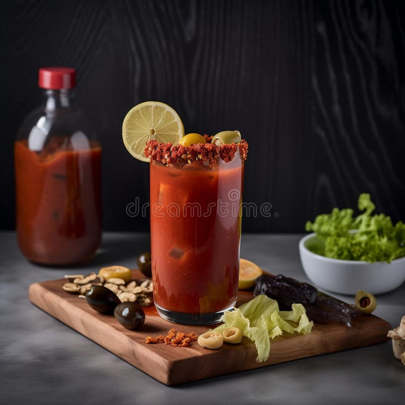 Savory Caesar Drink in Tall Glass with Savory Snacks Stock Illustration ...
