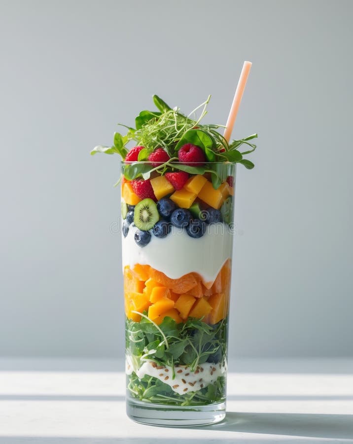 A Tall Glass Filled with Layers of Food and a Straw Stock Image - Image ...