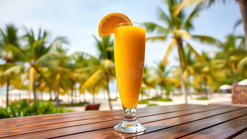 A Tall Glass of Mango Juice on a Beachside Table with Palm Trees in the ...