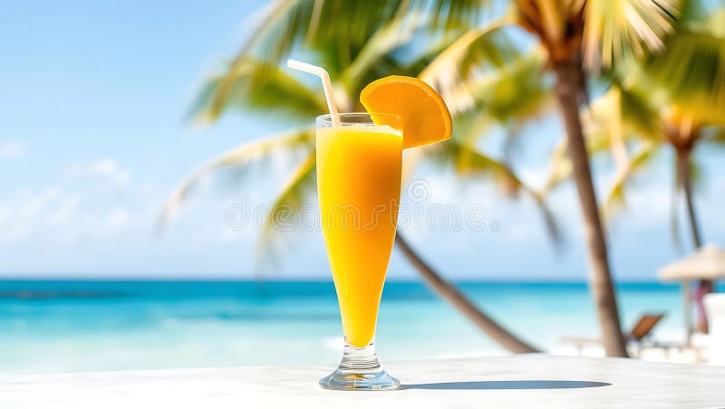 A Tall Glass of Mango Juice on a Beachside Table with Palm Trees in the ...