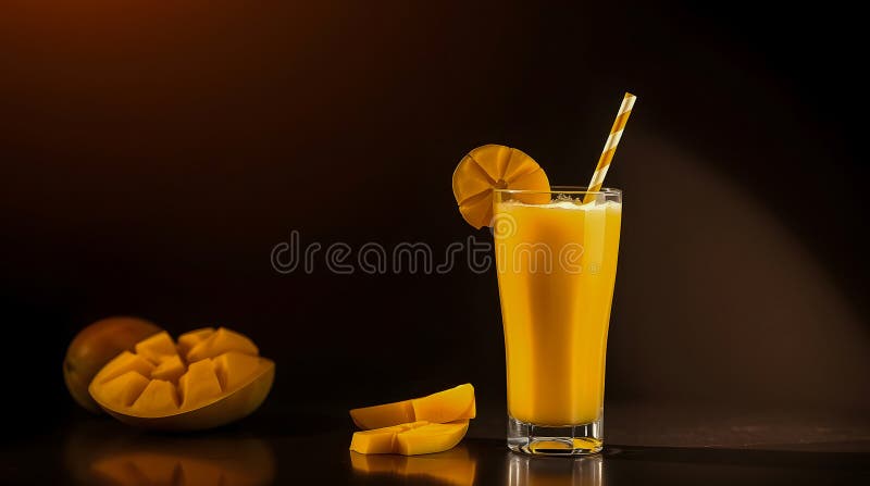Tall Glass of Mango Milkshake with a Striped Straw and Decorative Mango ...