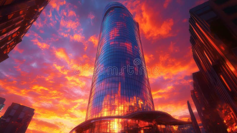 Tall Glass Skyscraper at Fiery Sunset in City Stock Illustration ...