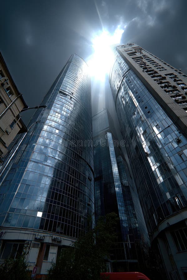 Tall Glass Skyscrapers Reflect the Setting Sun, Creating a Stunning ...